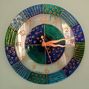 Wall Clock, Hand-painted Blue and Green One of a Kind Wall Clock, Large ...