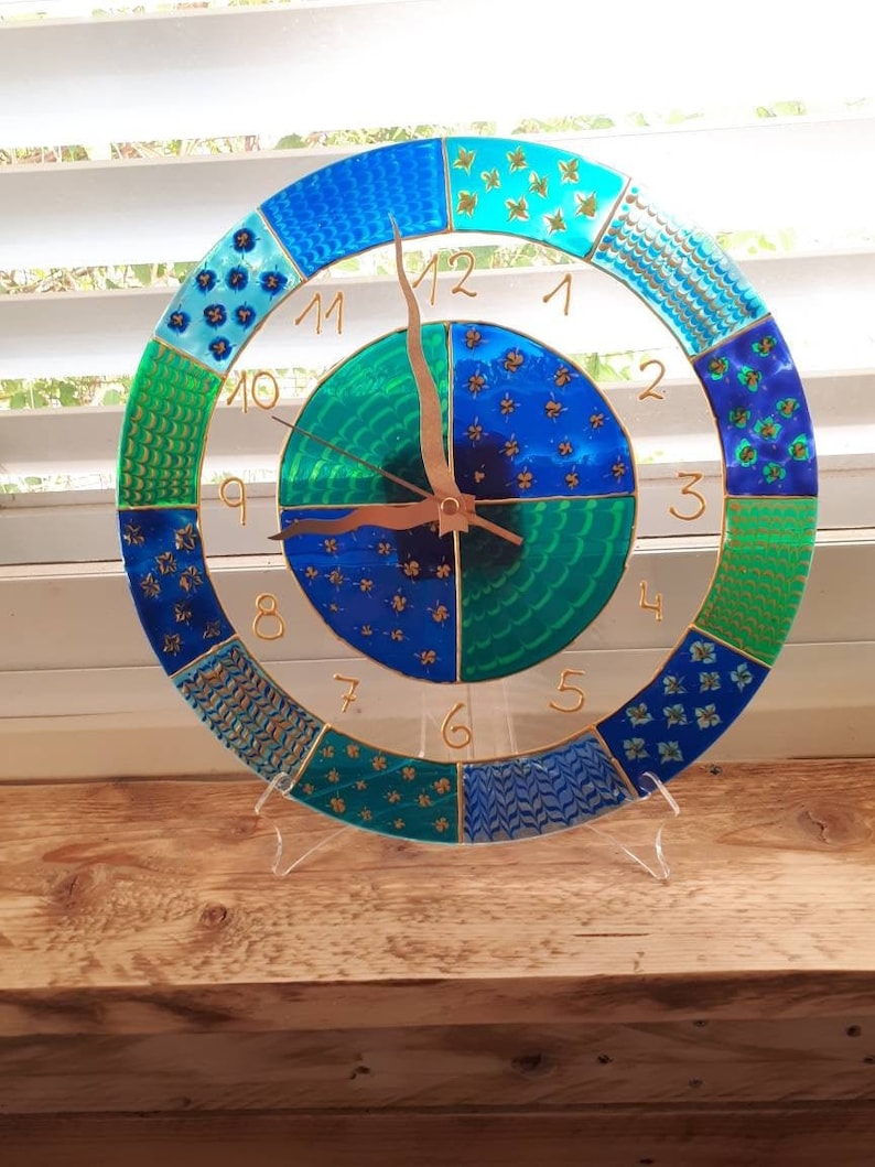 Wall clock hand painted blue and green one of a kind wall | Etsy