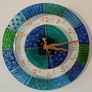 Wall Clock, Hand-painted Blue and Green One of a Kind Wall Clock, Large ...