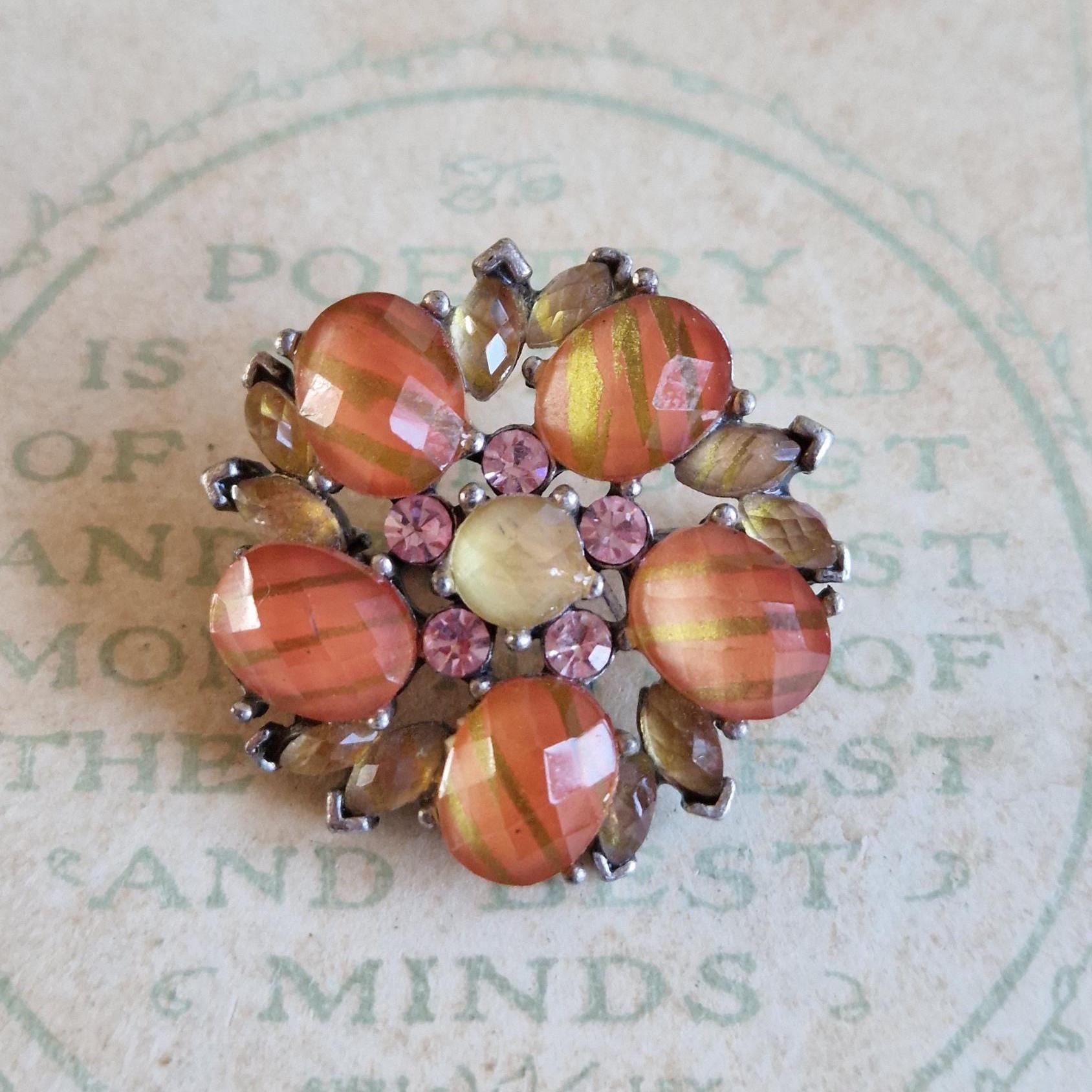Vintage Satin Glass Flower Brooch - Orange, Yellow, Pink Diamante - Etsy