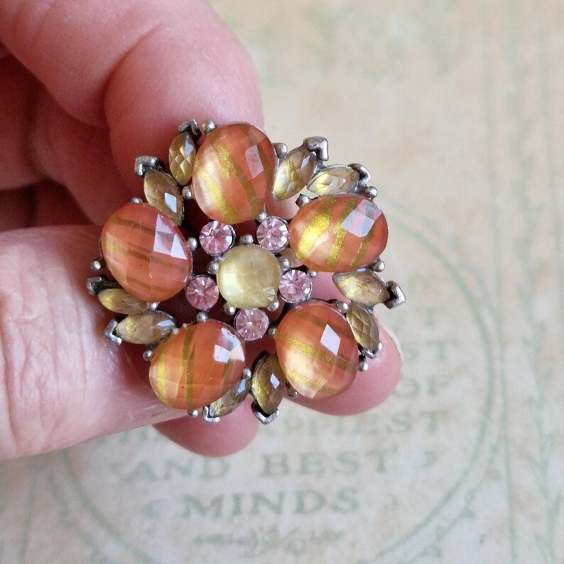 Vintage Satin Glass Flower Brooch - Orange, Yellow, Pink Diamante - Etsy