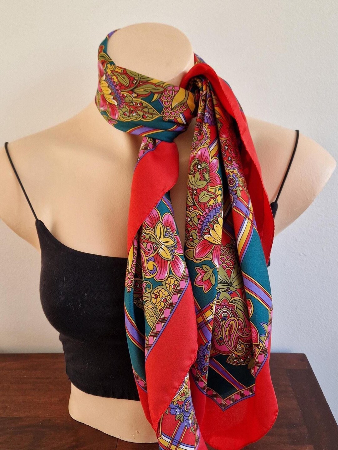 Vintage Italian Trellis Floral Scarf - Red Polyester Machine-stitched ...