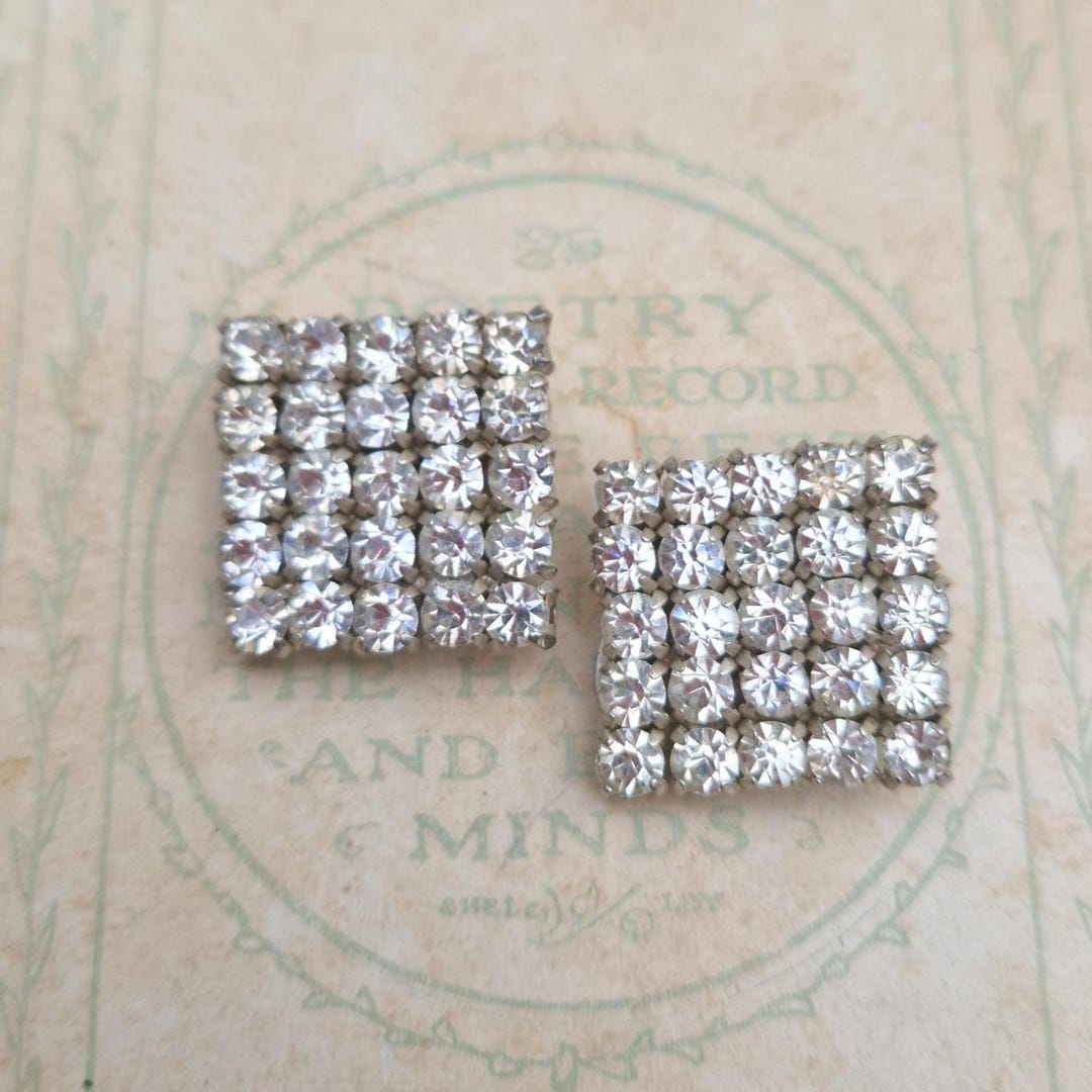 Vintage 1950s 60s Rhinestone Clip-on Earrings - Square Sparkle Cocktail ...