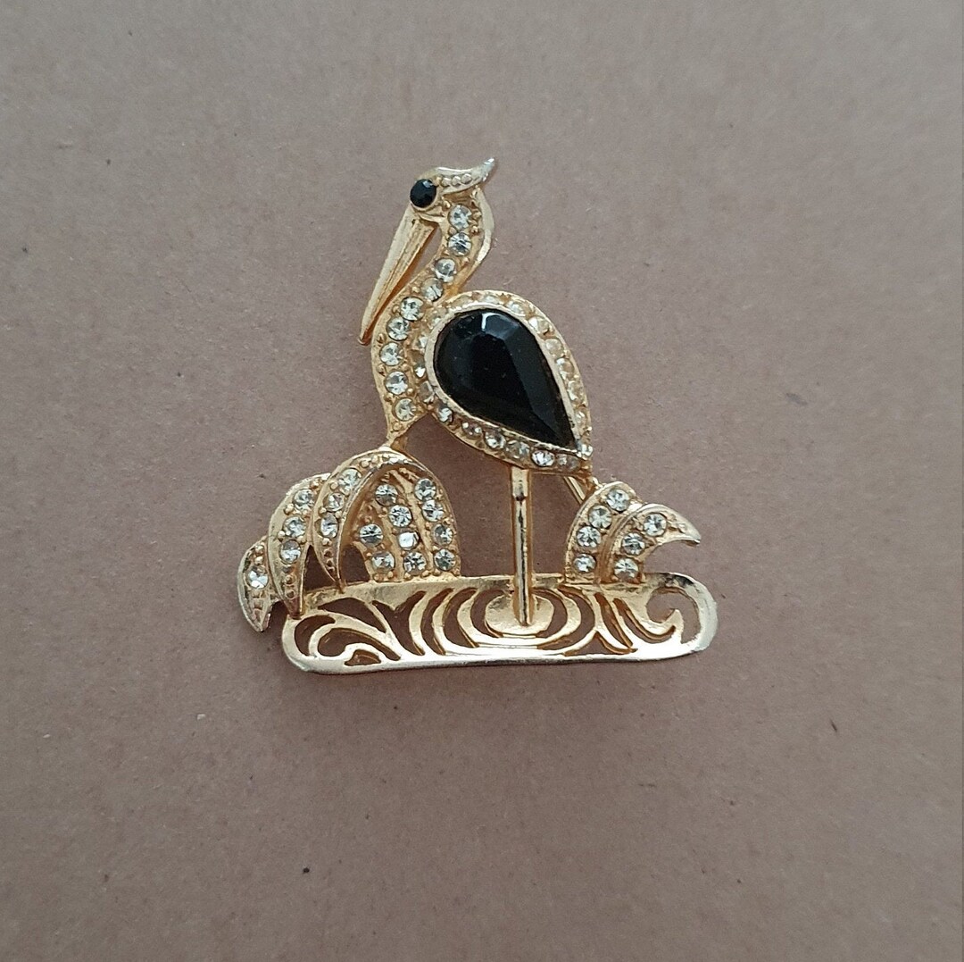 Vintage Stork/heron Brooch, Stork Brooch Black Gold, Heron in Water ...