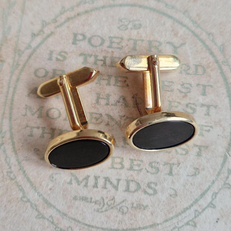 Vintage Black Glass Oval Cufflinks – Gold Tone Mens Cufflinks, Hematite ...