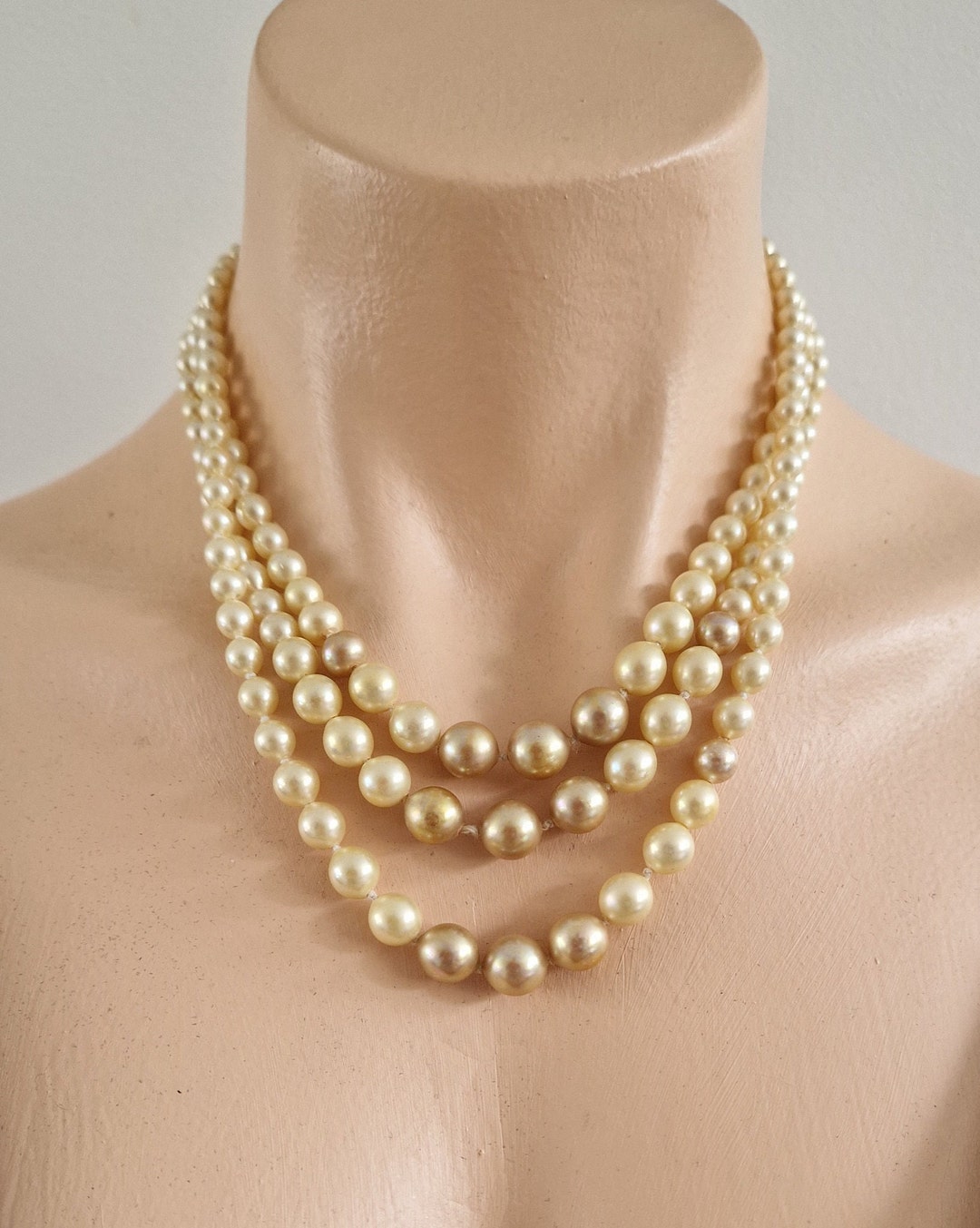 Vintage 1950s Triple- Strand Two Tone Imitation Faux Pearls, Wedding ...