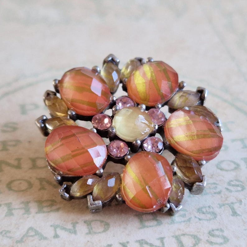 Vintage Satin Glass Flower Brooch - Orange, Yellow, Pink Diamante - Etsy