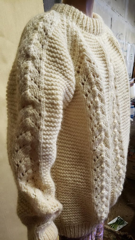 Chunky Hand Knit Ivory Wool Pullover Sweater - Gem