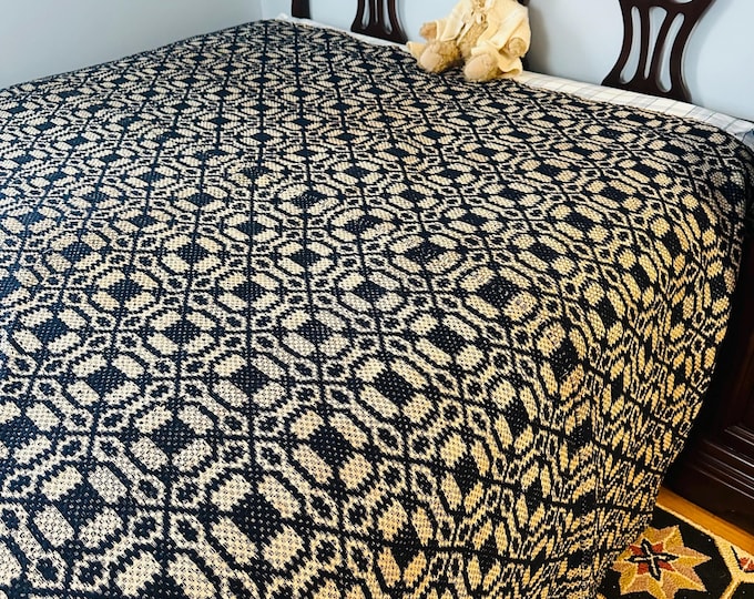 Antique Late 1800s Indigo Hand Woven Wool Coverlet - Makers Initials ...