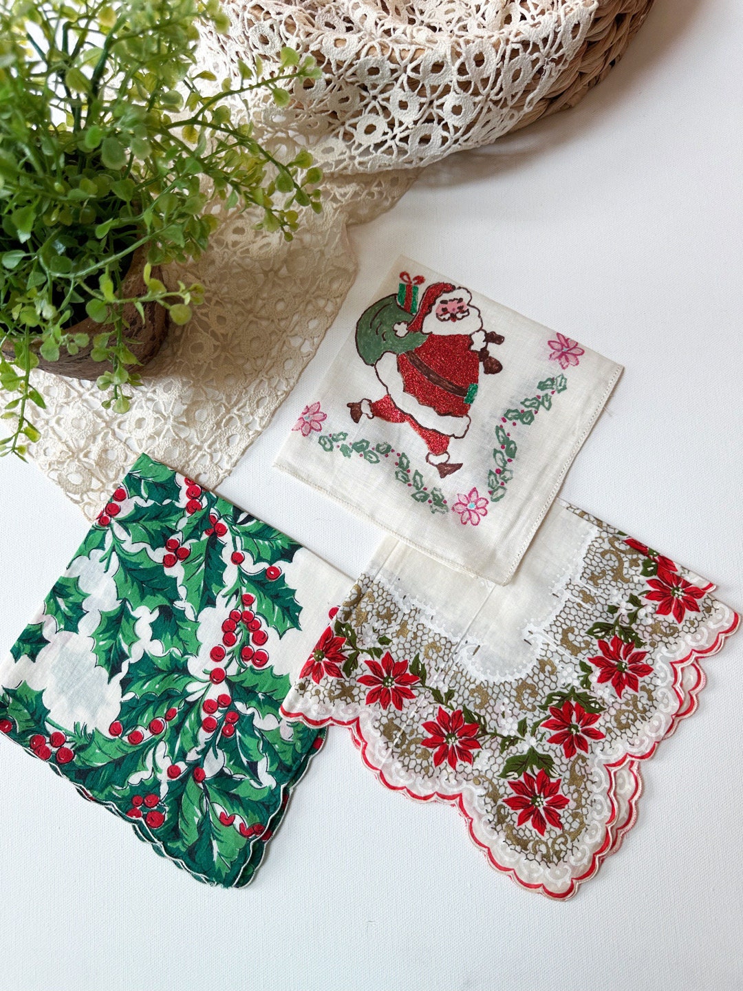 Trio of Vintage Christmas Hankies Santa Holly & Red Berries Poinsettias ...
