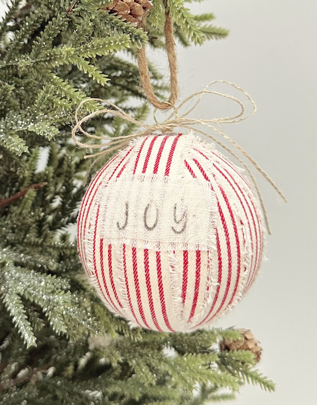Vintage Christmas RAG BALL Ornament JOY Red & Cream Ticking Fabric - Etsy