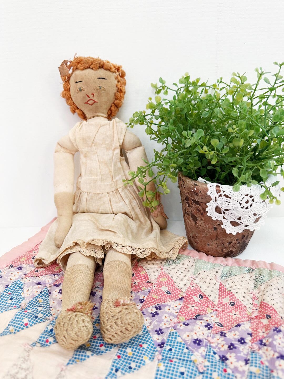Antique 1930s Handmade Folk Art Rag Doll With Her Original Quilt and ...