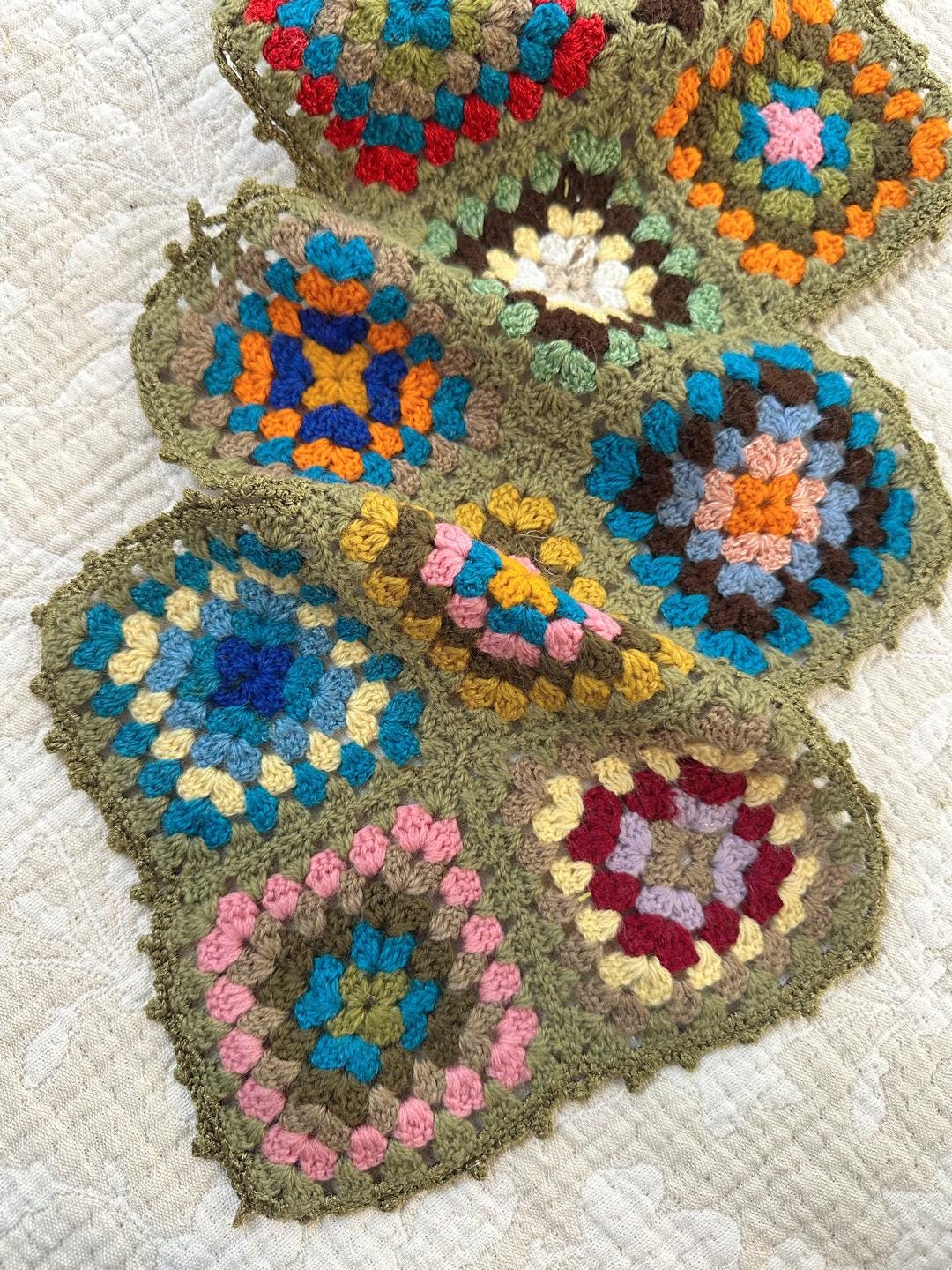 Fabulous Vintage 70s Granny Square Table Runner - Sage Green - Muted ...