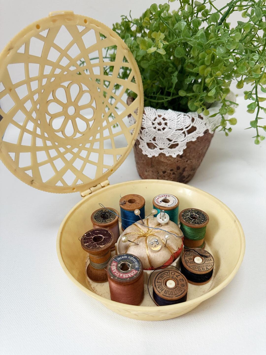 Vintage 1940s Celluloid Sewing Box - Vintage Pincushion - Wooden Thread ...