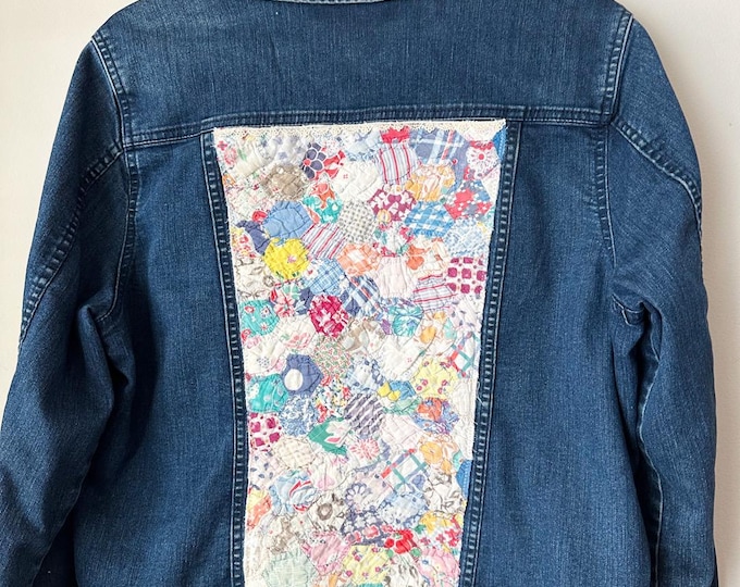 Upcycled Denim QUILT Jacket - 1940s Hexagon Quilt & Lace - Repurposed ...