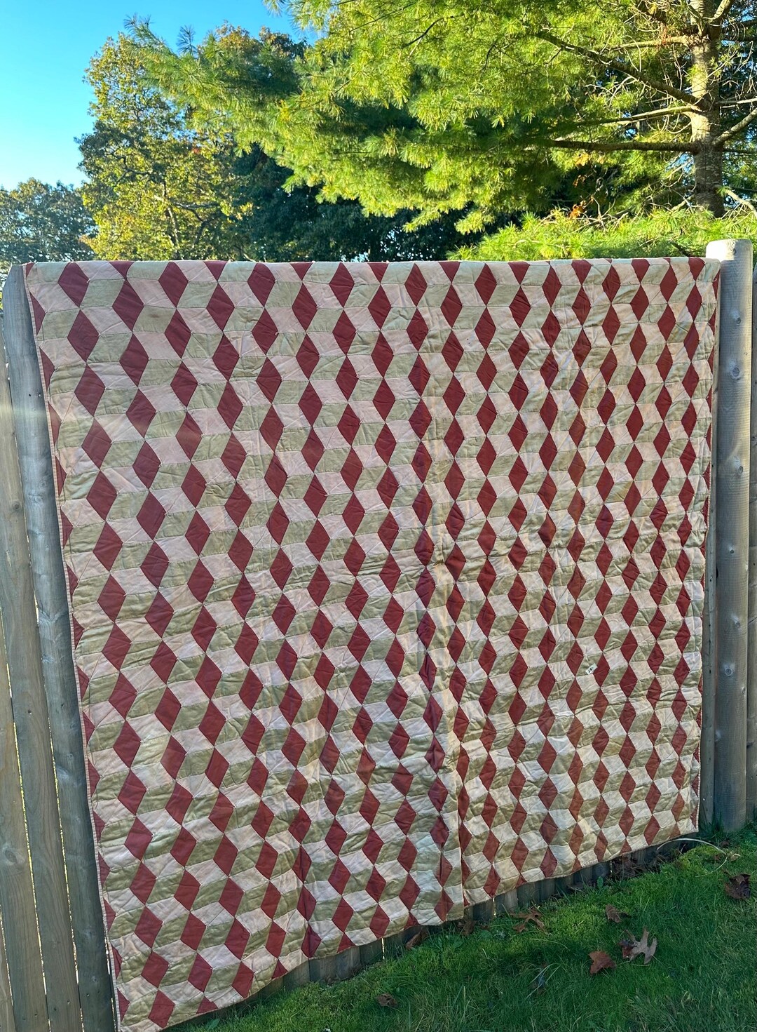 Vintage Red & Green 1940s Tumbling Blocks Patchwork Quilt Polished ...