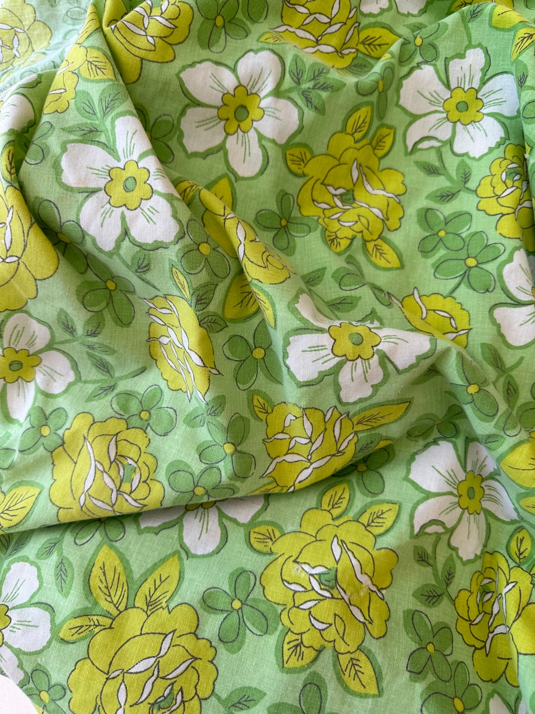 Vintage 70s Green & Chartreuse Floral Sheet for Sewing Quilting ...