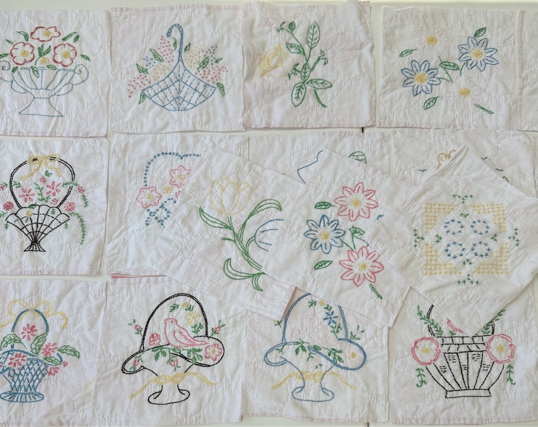 18 Vintage Embroidered Quilt Blocks - Sweet Floral Basket Motifs & More ...
