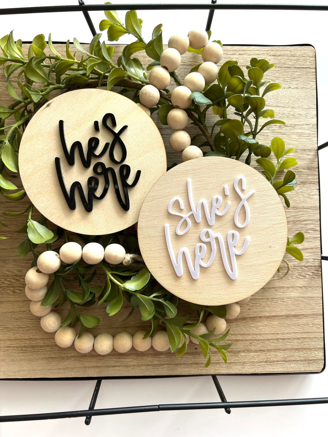 Birth Announcement Sign, Wood & Acrylic Sign, He's Here, She's Here ...