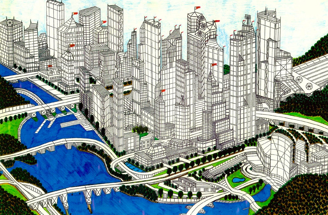 Cityscape Illustration Drawing - Etsy