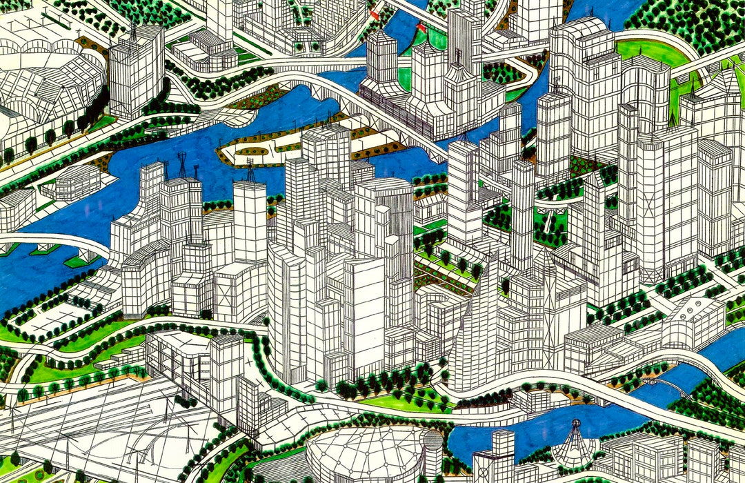 City Illustration Drawing - Etsy