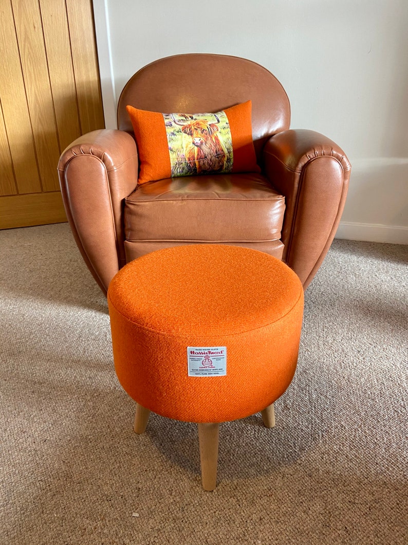 Upholstered Orange Harris Tweed Footstool With Varnished | Etsy UK