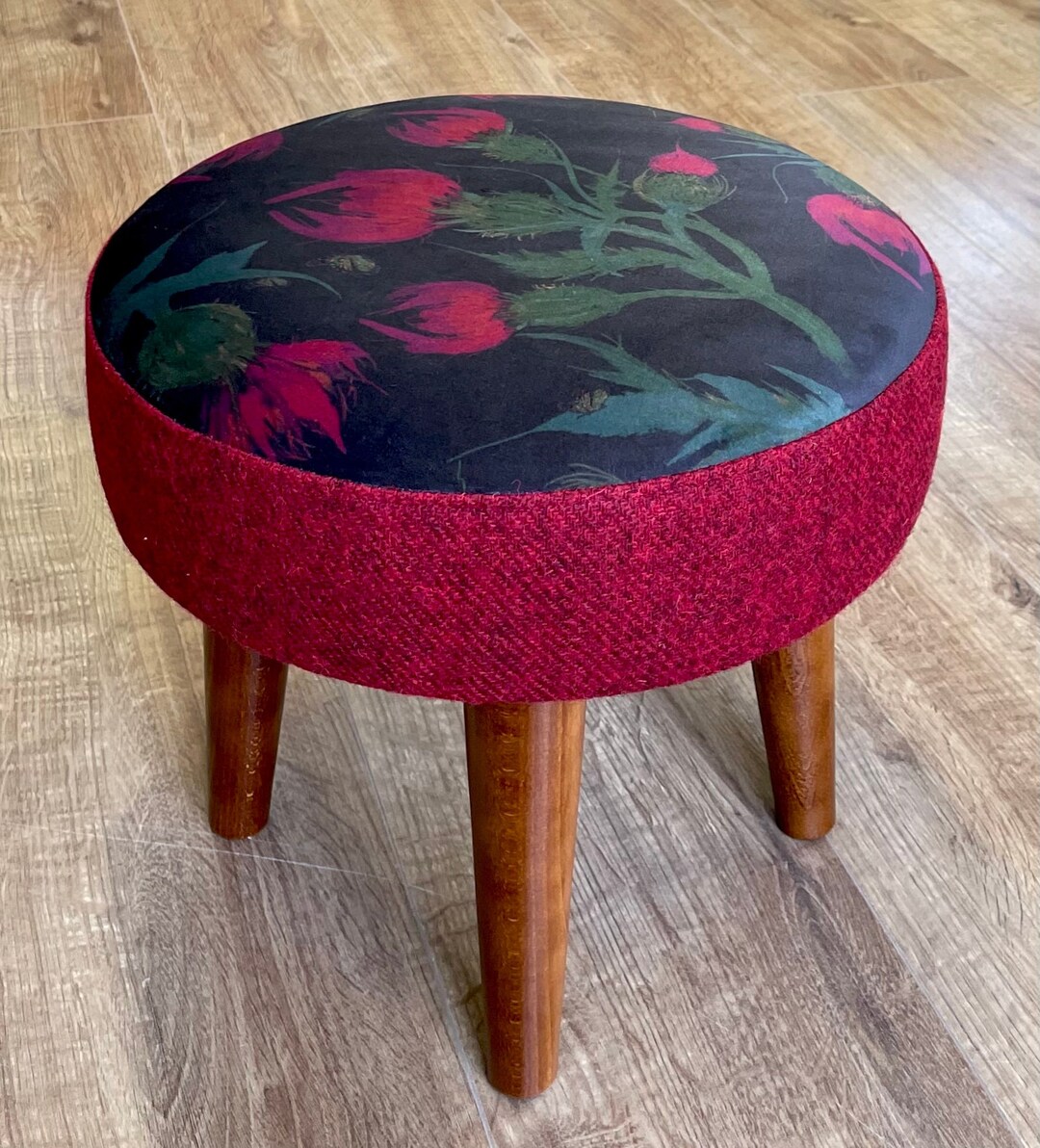 Black Velvet With Red Thistle and Harris Tweed Small Footstool - Etsy