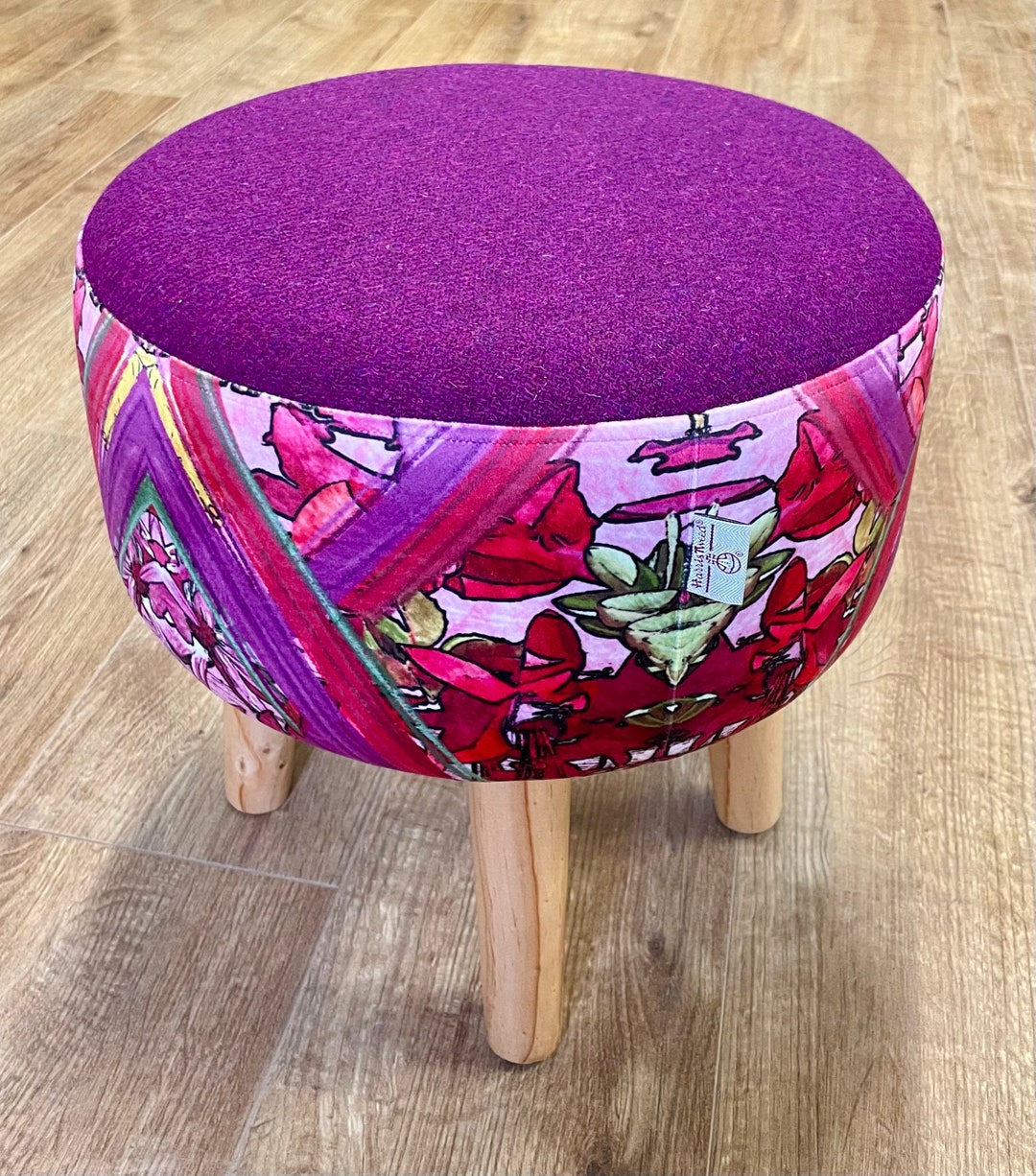 Geo Flower Velvet and Purple Harris Tweed Footstool With Rustic Light ...