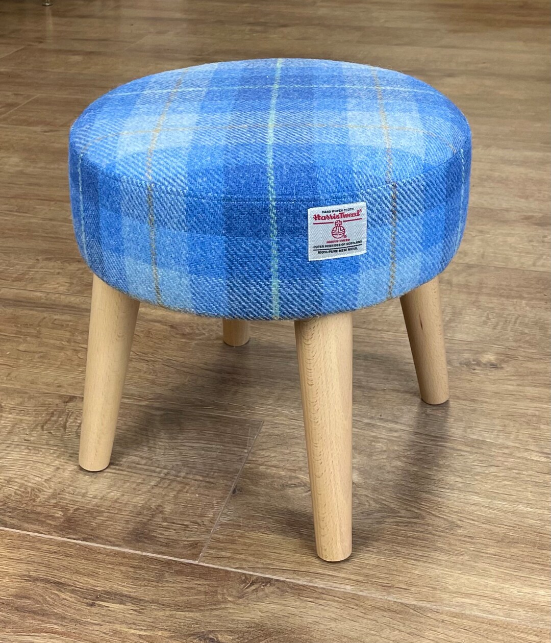 Light Blue Tartan Harris Tweed Small Footstool With Varnished Light ...