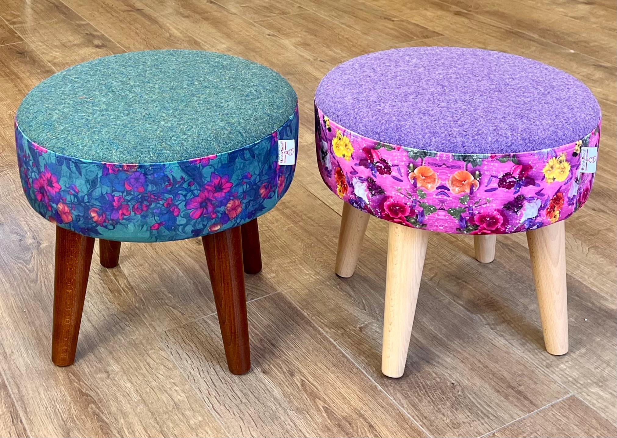 Pink Floral Velvet Footstool With Lilac Harris Tweed - Etsy