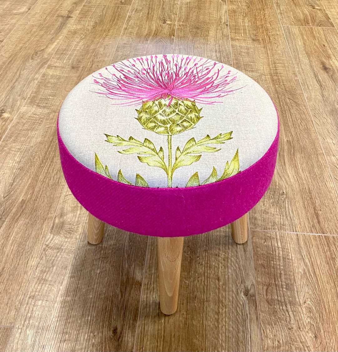 Vibrant Pink Embroidered Thistle and Harris Tweed Footstool With ...