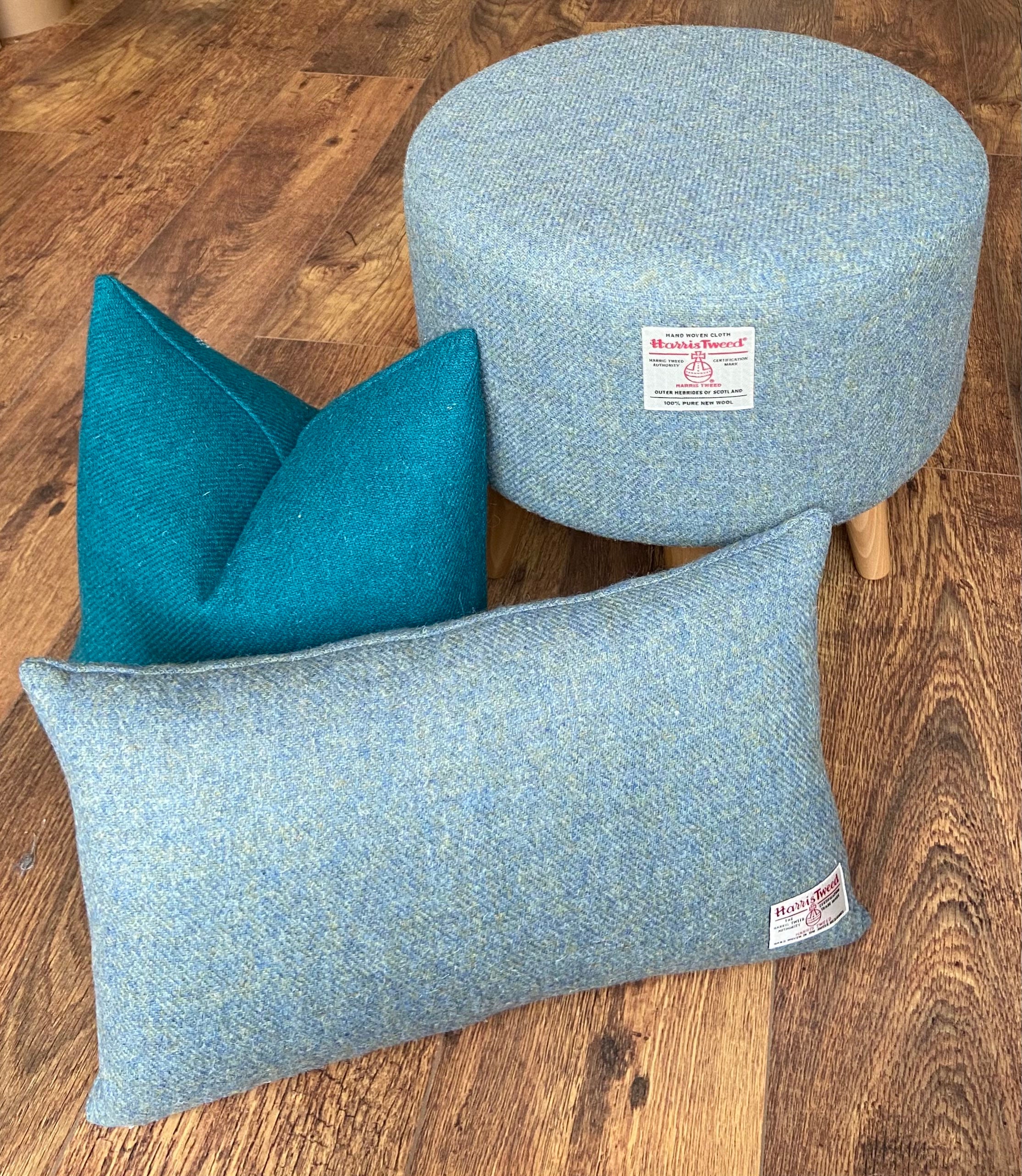 Light Blue Harris Tweed Round Footstool With Varnished Wooden - Etsy UK