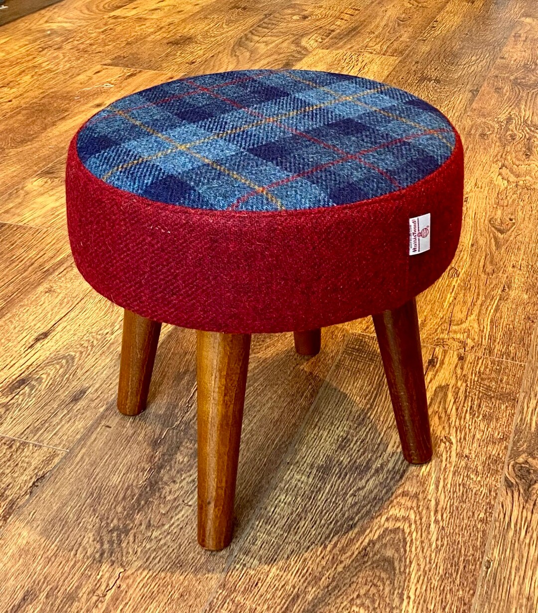 Blue Tartan and Red Harris Tweed Small Footstool With Dark Varnished ...