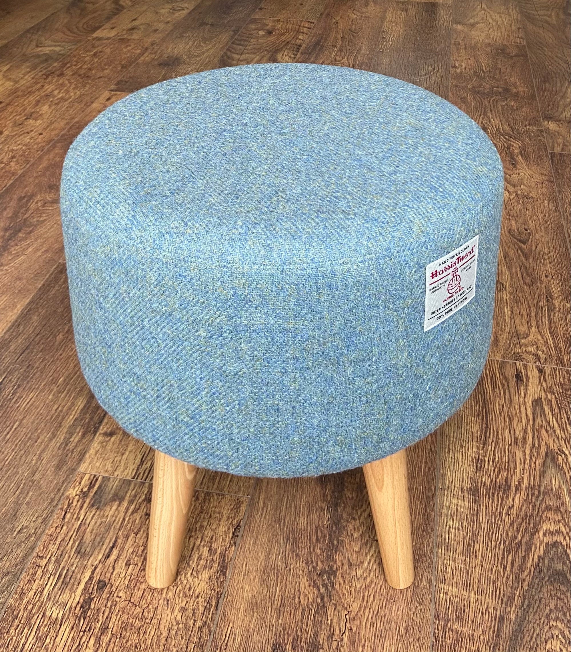 Light Blue Harris Tweed Round Footstool With Varnished Wooden - Etsy UK