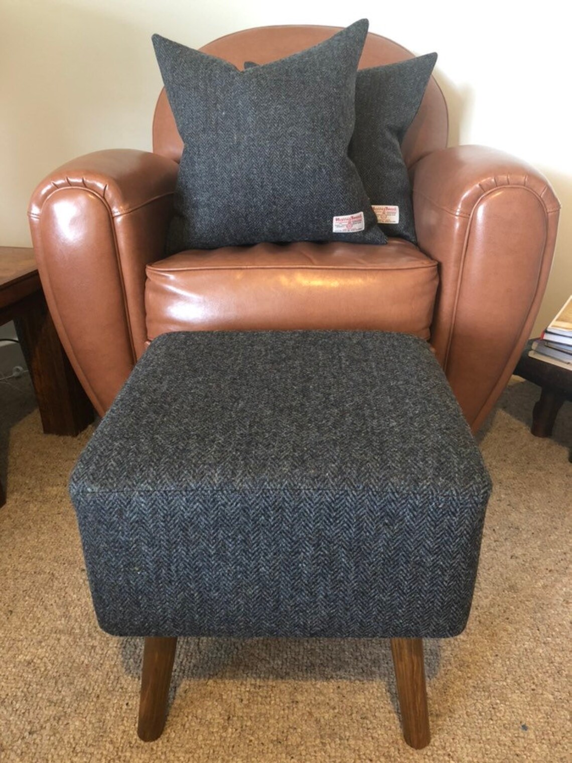 Large Square Footstool Charcoal Harris Tweed Herringbone With - Etsy UK