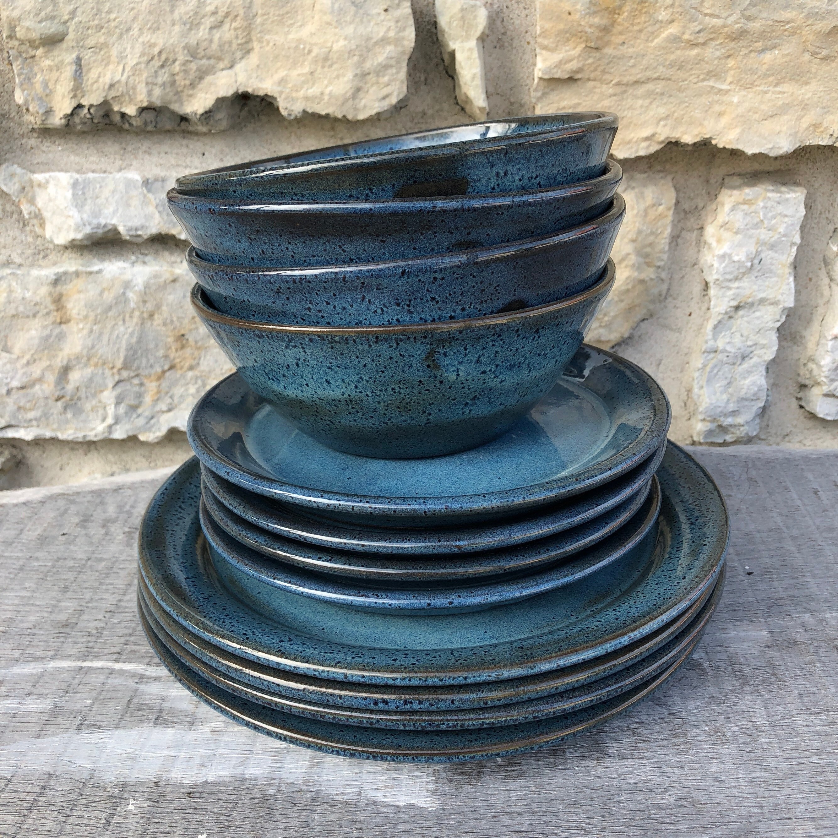 Blue Pottery Dinnerware service for four 12-16pc handmade | Etsy