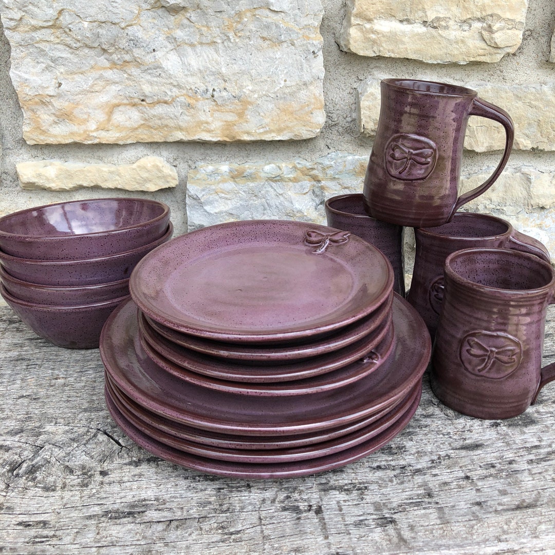 Purple Dragonfly Pottery Dinnerware, Stoneware, Wheel Thrown Place ...