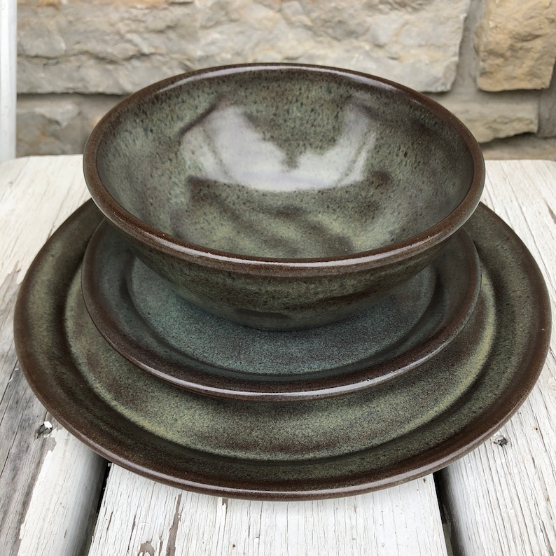 Pottery Dinnerware 4 Place Settings in Iron Lustre Handmade Dishes ...