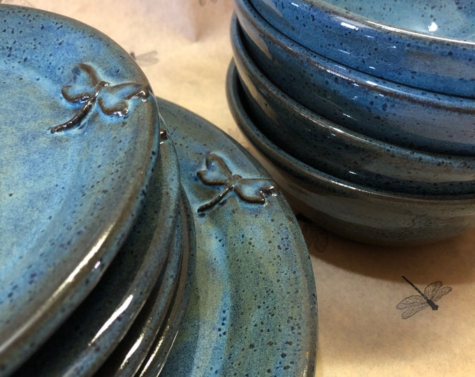 Dragonfly Pottery Dinnerware, Stoneware, Wheel Thrown Place Setting for ...