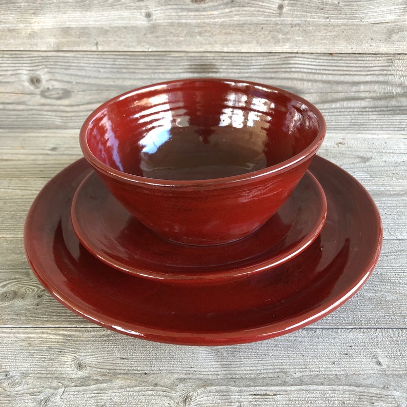 Red Pottery Dinnerware Service for Four Handmade Dishes Made - Etsy