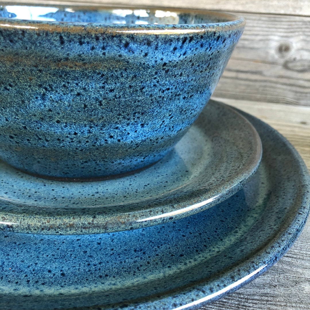 Pottery Dinnerware Set - 3pc Handmade Pottery Dishes, Glazed on Dark ...