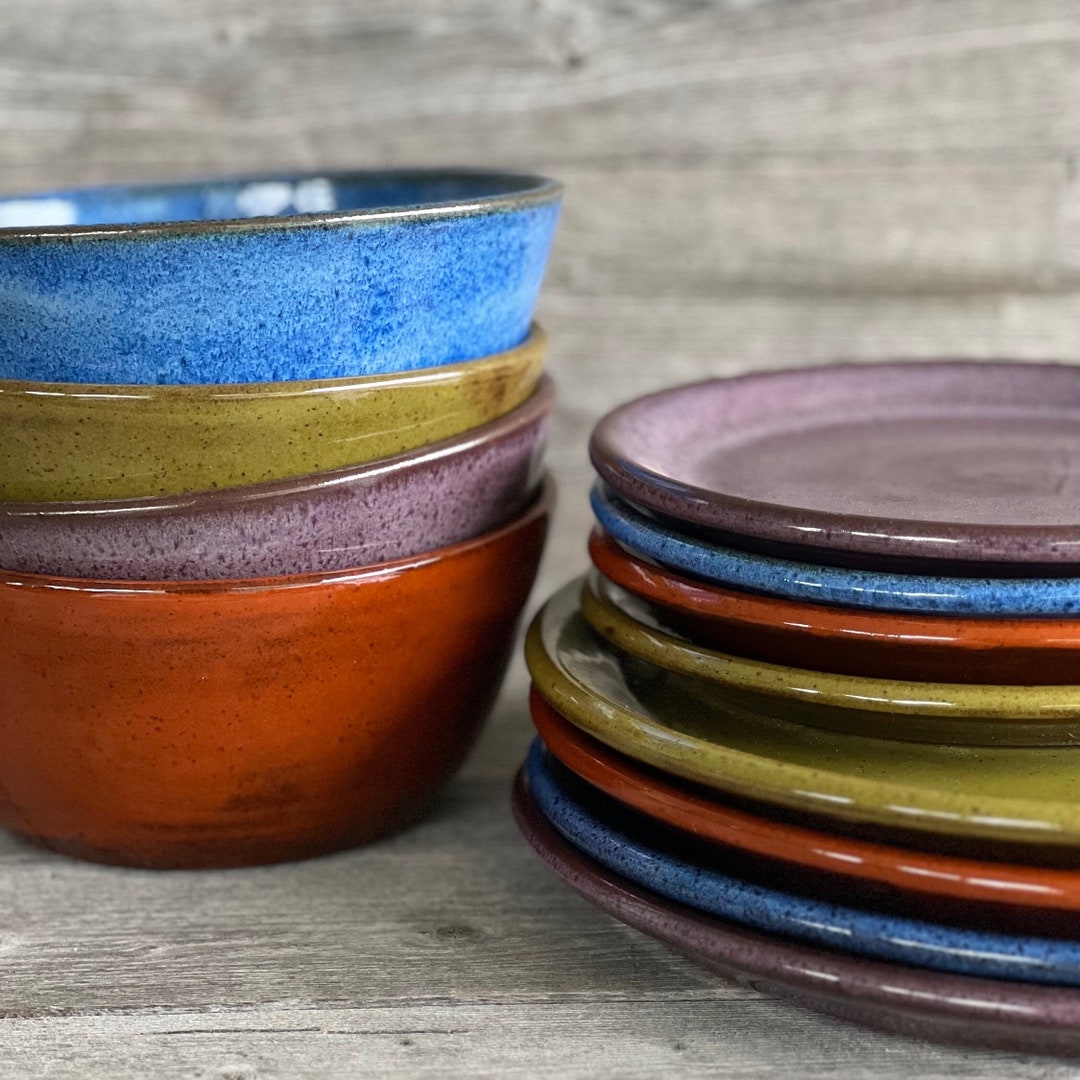 Bright Mixed Glaze Dinnerware Service for Four. Handmade Pottery Dishes ...