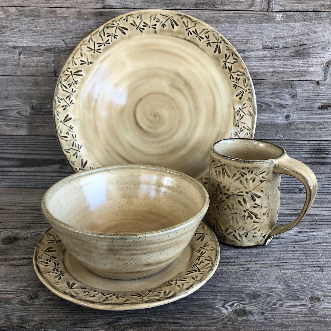 Dragonfly 4pc Pottery Dinnerware Set With Embossed Dragonflies **made ...
