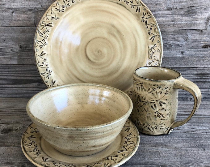 Dragonfly 4pc Pottery Dinnerware Set With Embossed Dragonflies made to ...