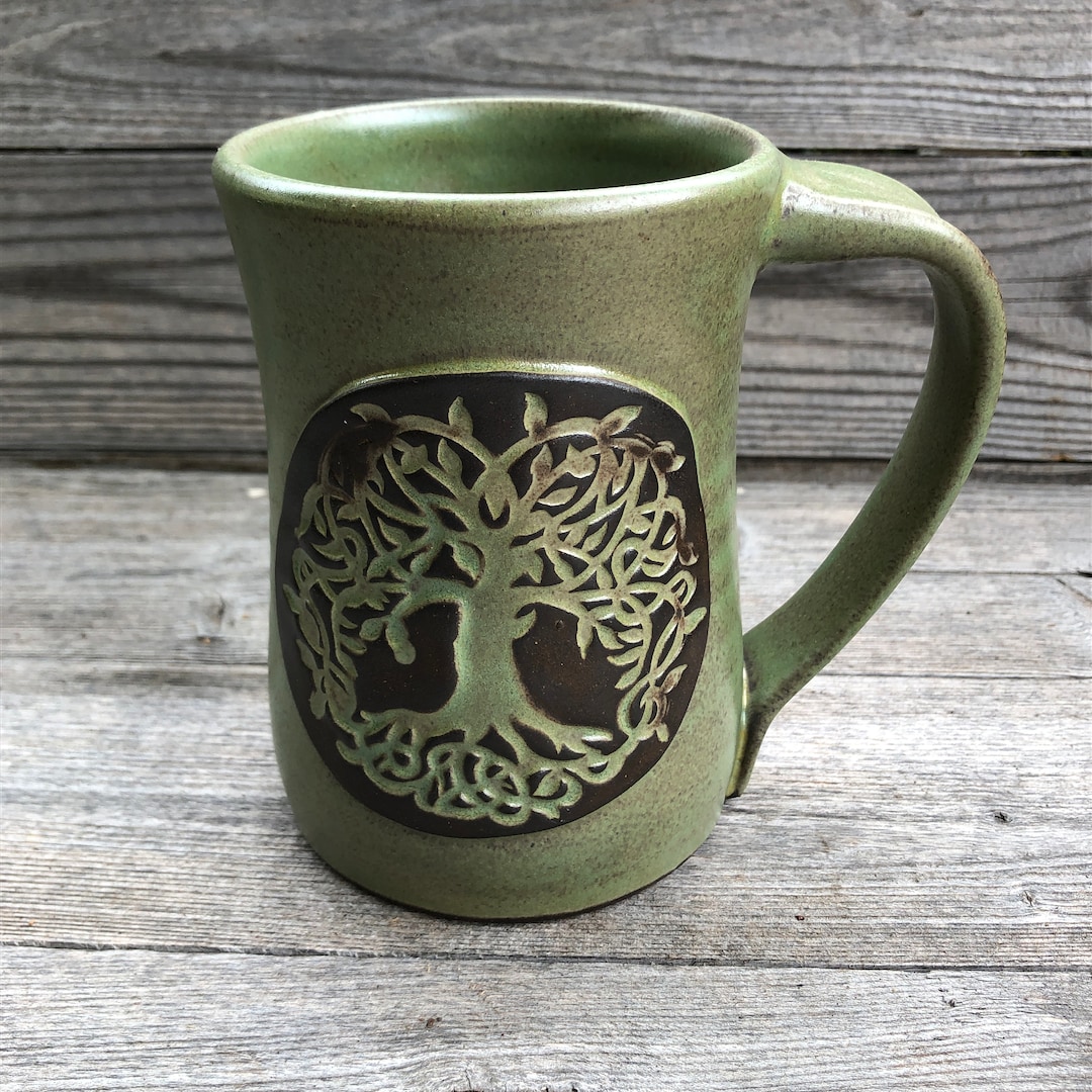 Celtic Tree of Life Pottery Mug With Roots Green Tea Glaze **made to ...