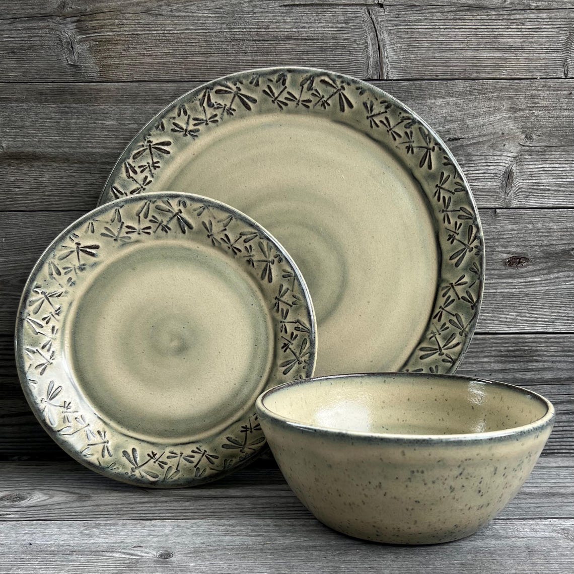 Dragonfly Pottery Dinnerware With Dancing Dragonflies 3pc Set **made to ...