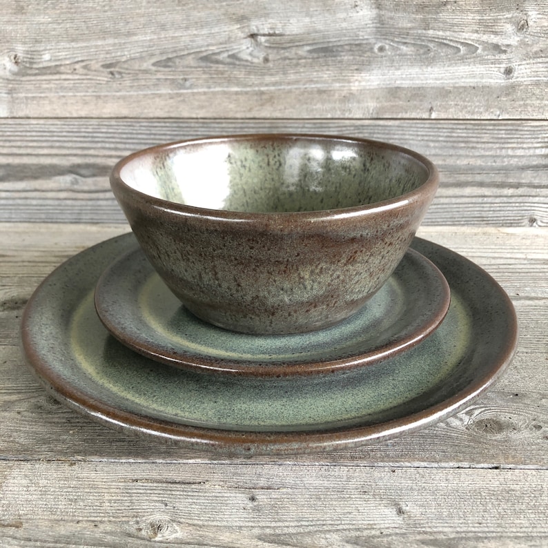 3 Piece Pottery Dinnerware Set in Iron Lustre Handmade Dishes. - Etsy