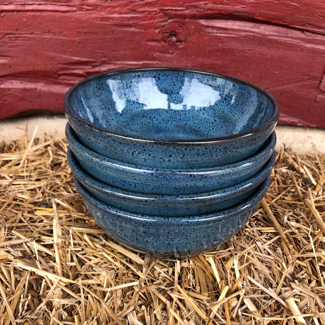 Set of 4 Blue Wheel Thrown Stoneware Pottery Bowls Made to - Etsy