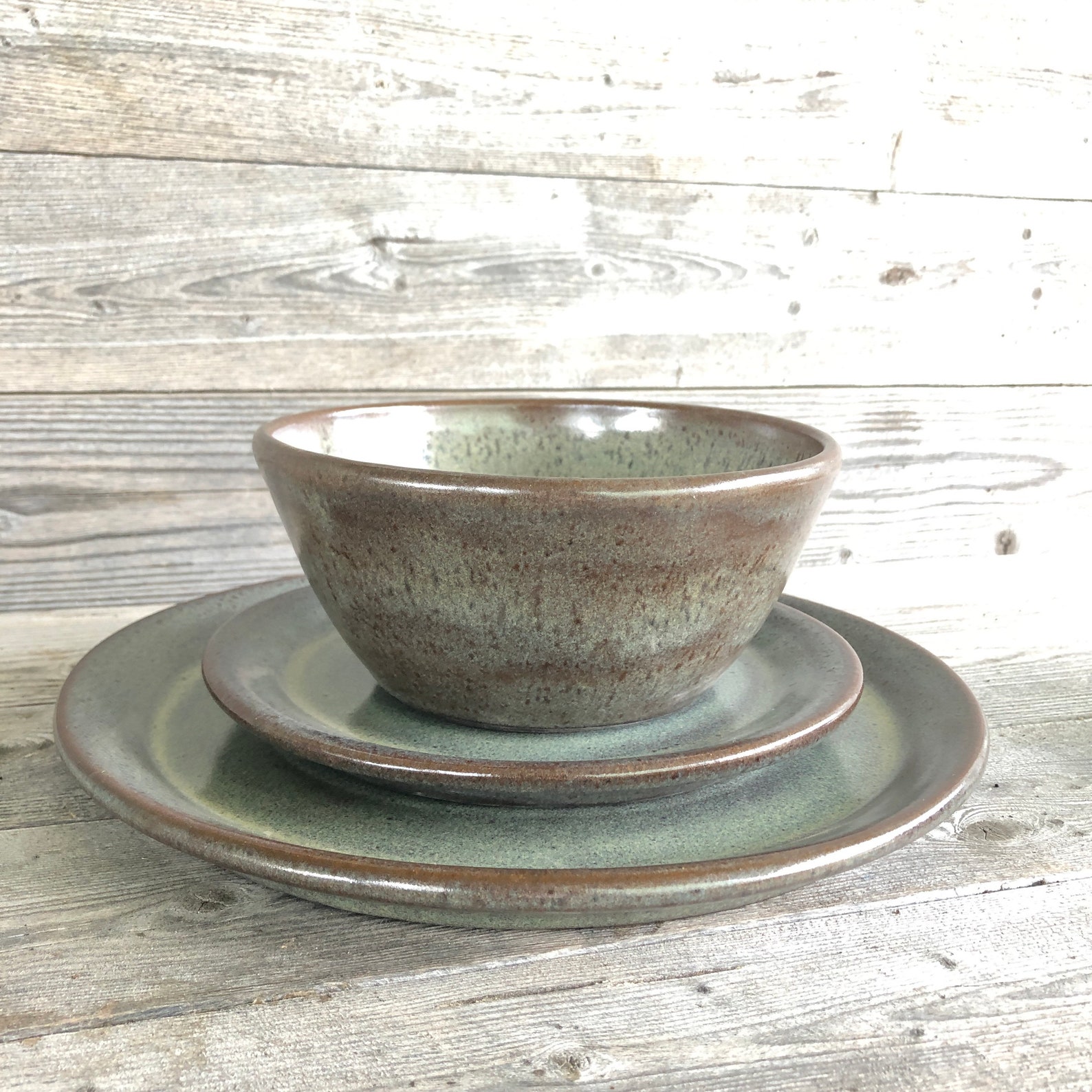 3 Piece Pottery Dinnerware Set in Iron Lustre Handmade Dishes. - Etsy