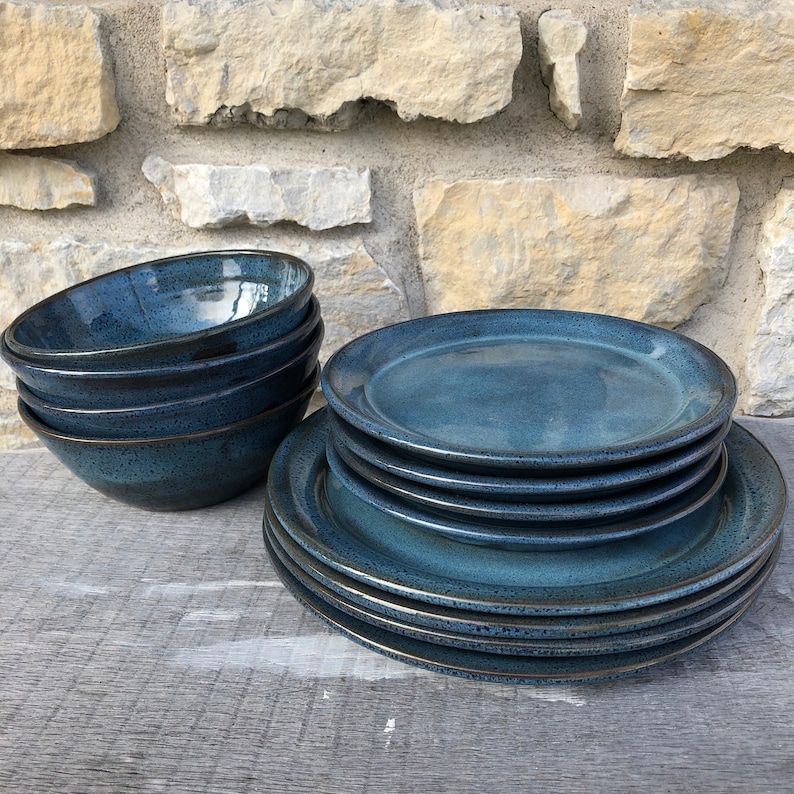 Blue Pottery Dinnerware service for four 12-16pc handmade | Etsy